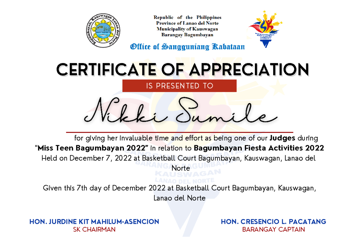Certificate Of Appreciation Sample For Judges