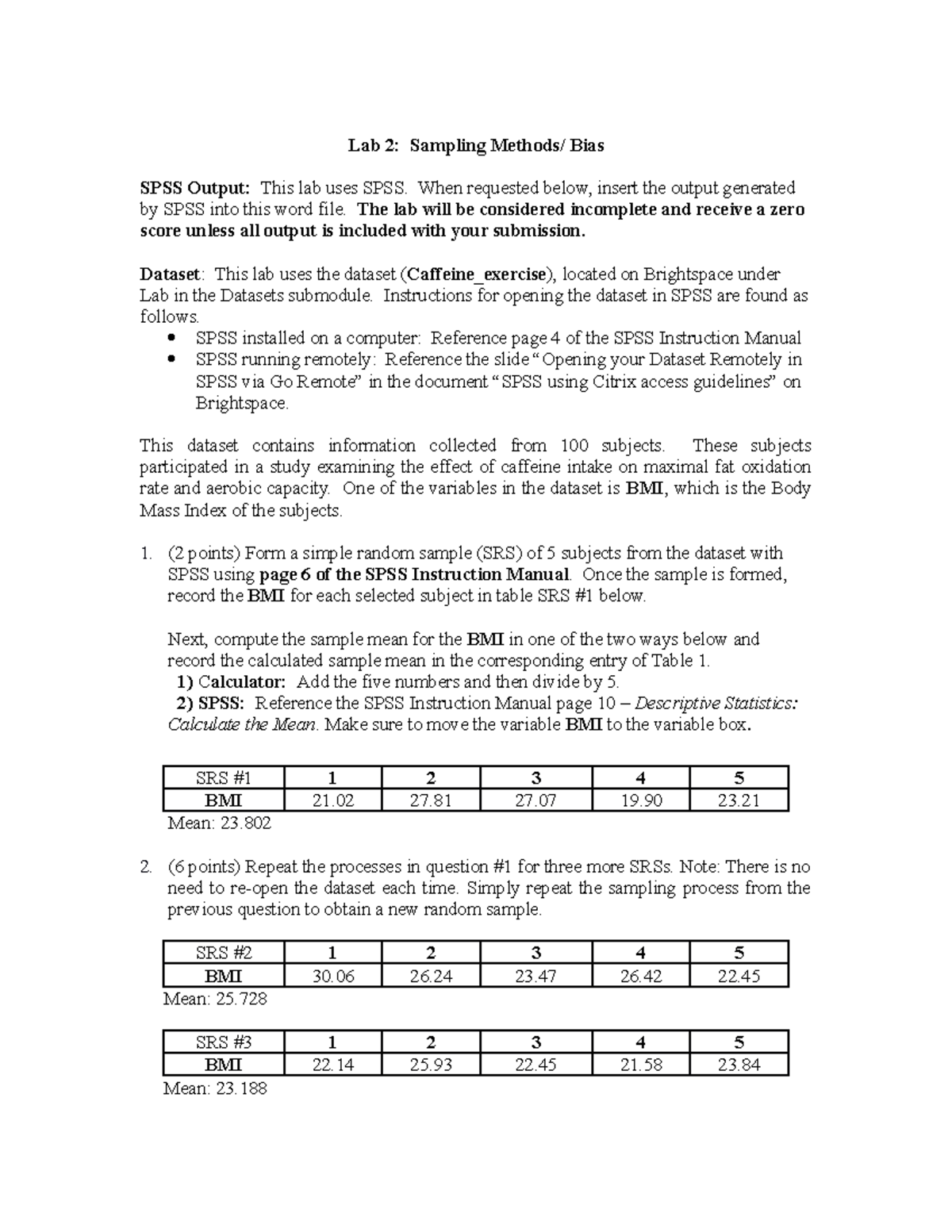 Lab 2 Sampling Methods And Bias Final Lab 2 Sampling Methods Bias Spss Output This Lab Uses