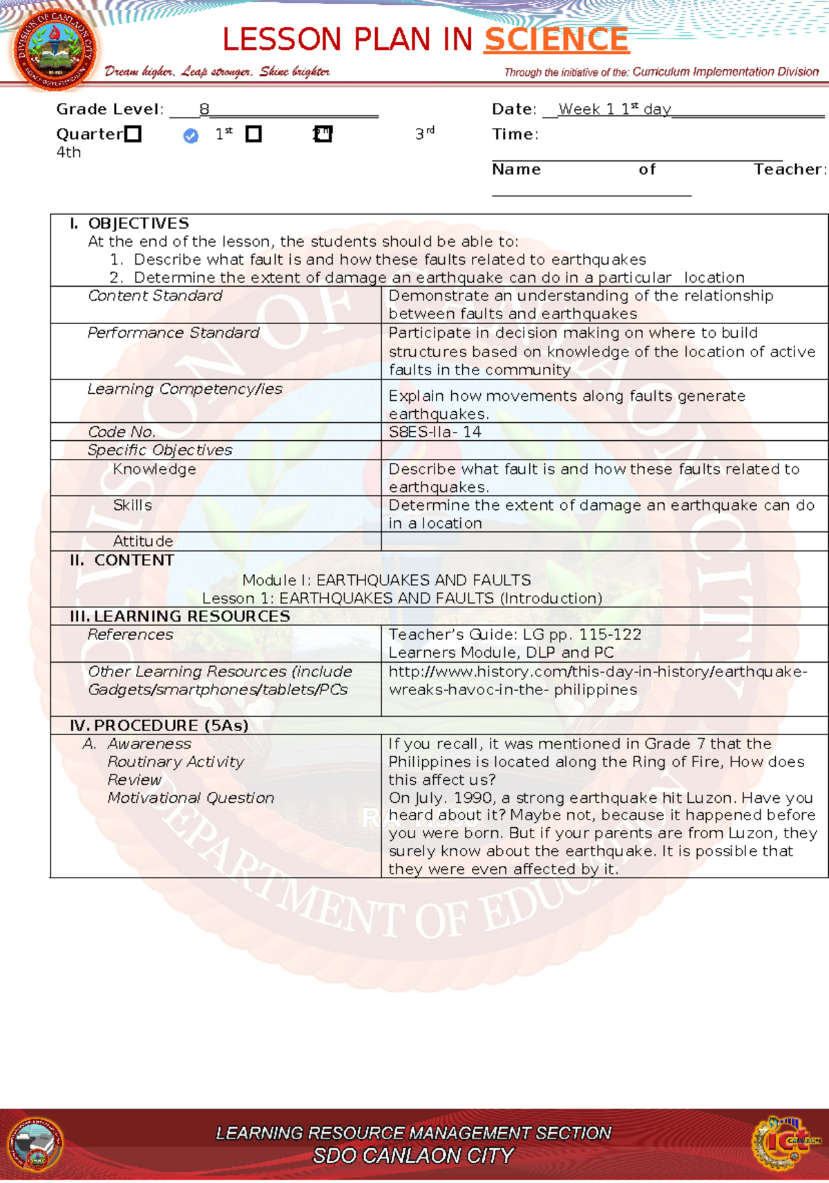 Lesson Plan V2 - Grade Level: 8__________________ Date: Week 1 1st day ...