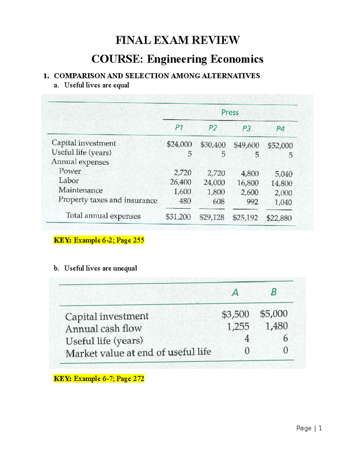 Engineering economy Final exam with keys - FINAL EXAM REVIEW COURSE: Engineering Economics 1 ...