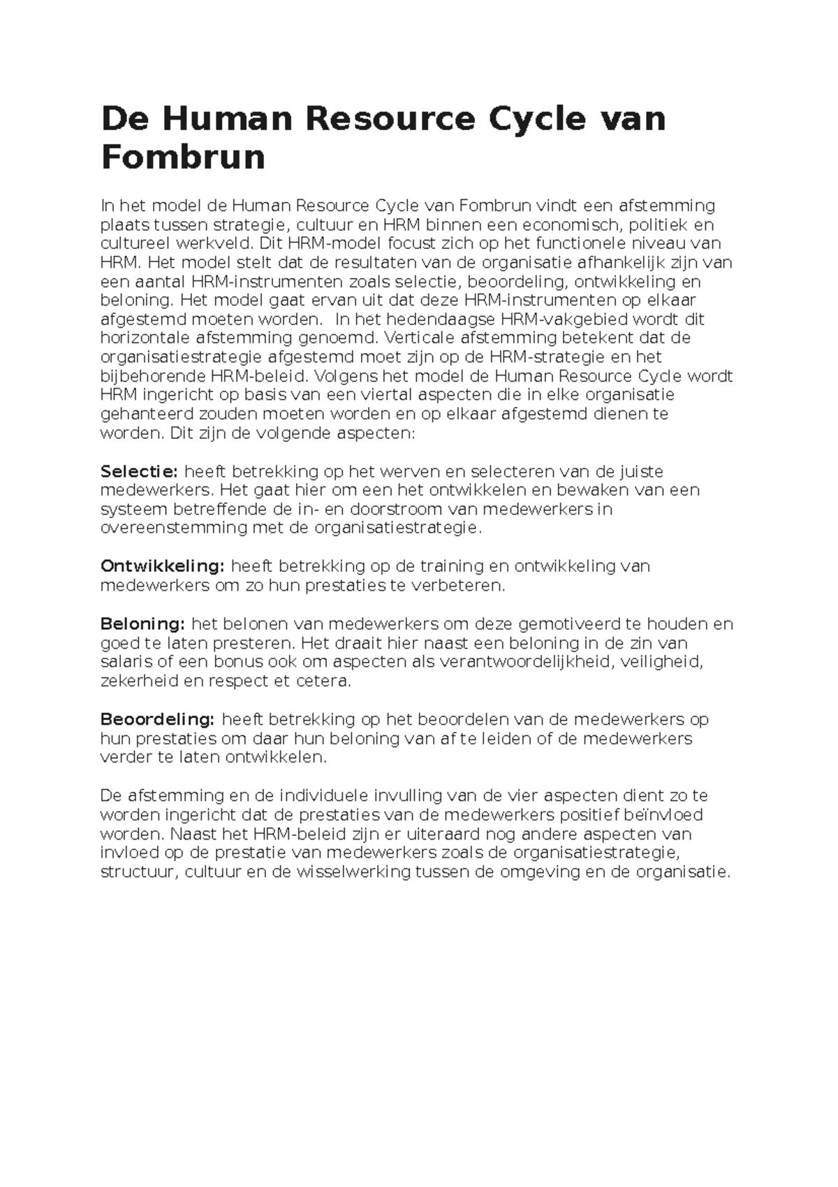 De Human Resource Cycle van Fombrun - Dit HRM-model focust zich op het ...