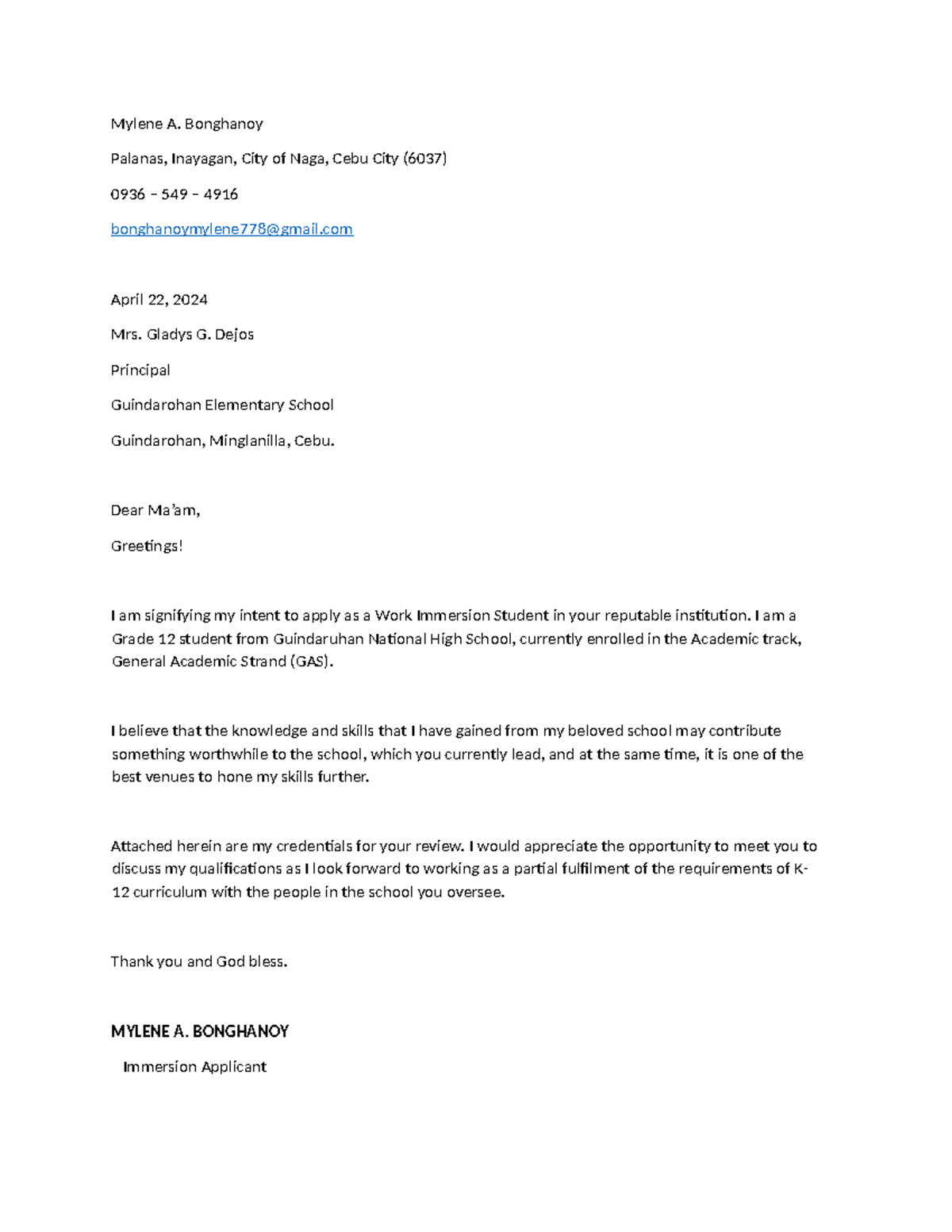Mylene WORK Immersion Application Letter - Mylene A. Bonghanoy Palanas ...