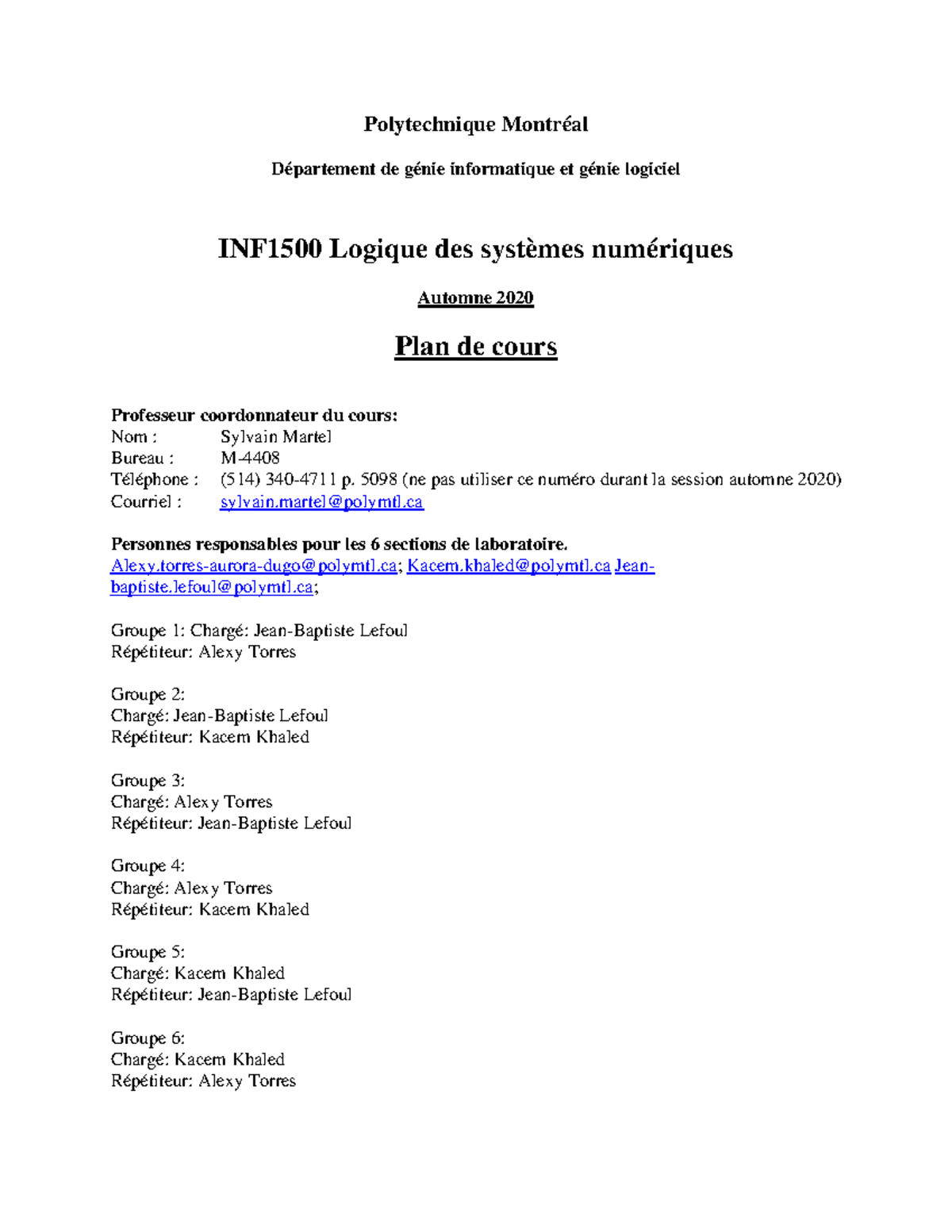 INF1500 Plan de cours - Polytechnique Montréal Département de génie ...