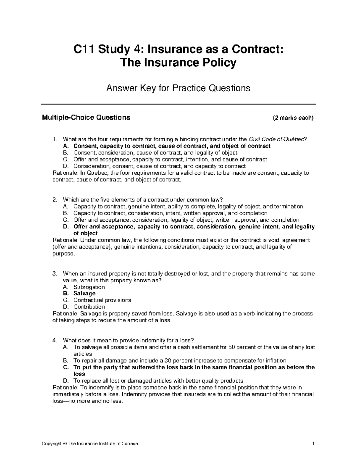 C11 EN study 04 answerkey - C11 Study 4: Insurance as a Contract: The ...