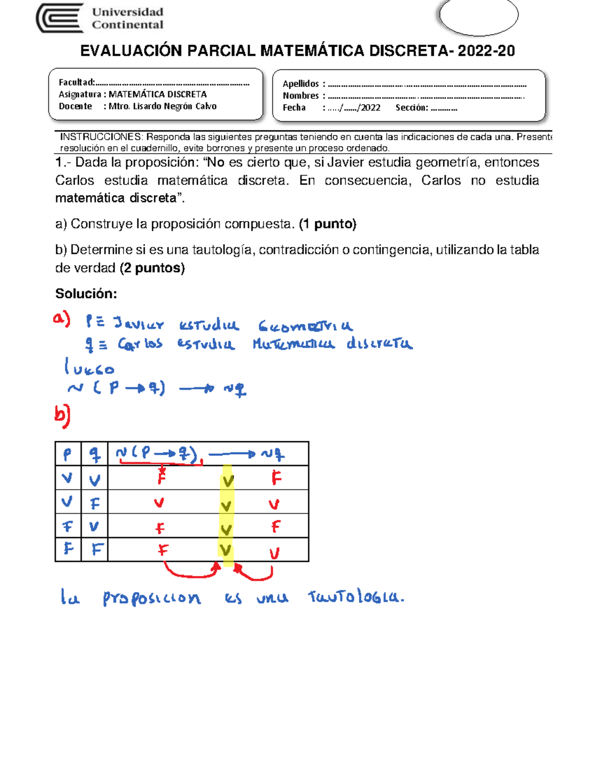 Solucion Evaluación Parcial DE Matematica Discreta 2022-20 - EVALUACIÓN PARCIAL MATEMÁTICA ...