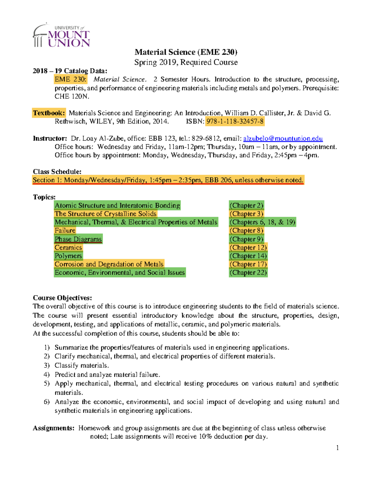 EME230 Syllabus Spring 2019 - Warning: TT: undefined function: 32 1 Material Science (EME 230 ...