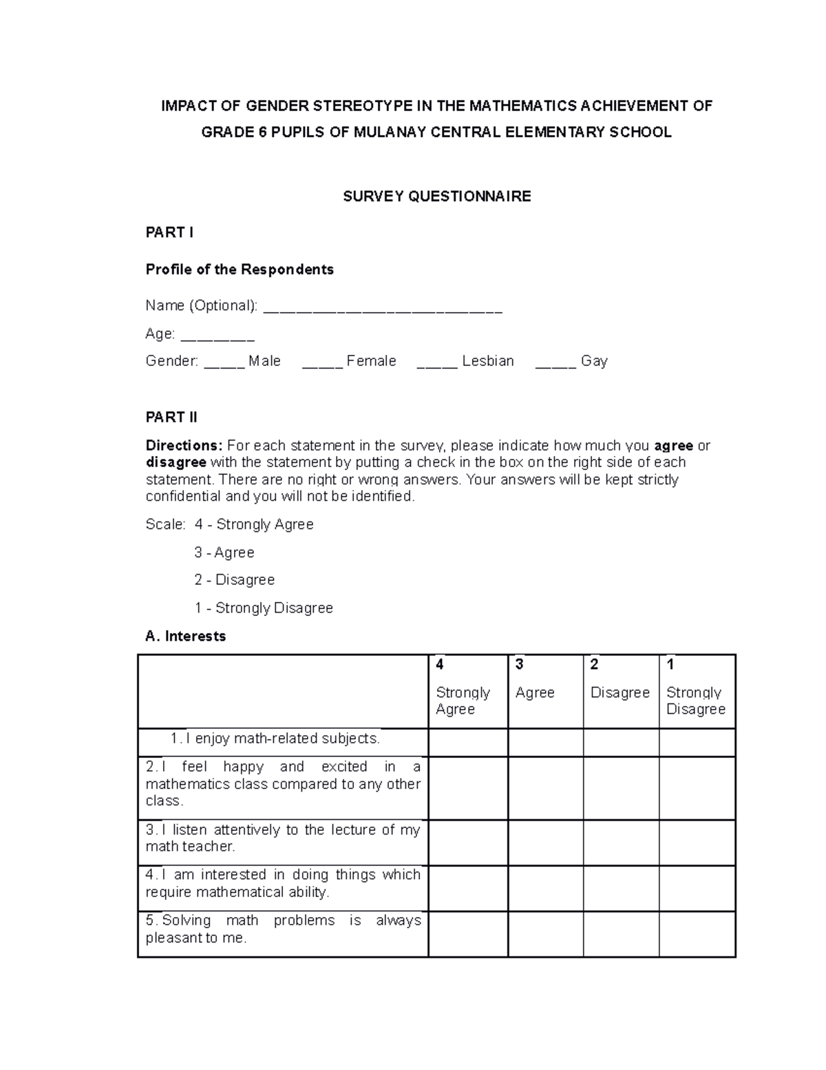 Survey-Questionnaire - IMPACT OF GENDER STEREOTYPE IN THE MATHEMATICS ...