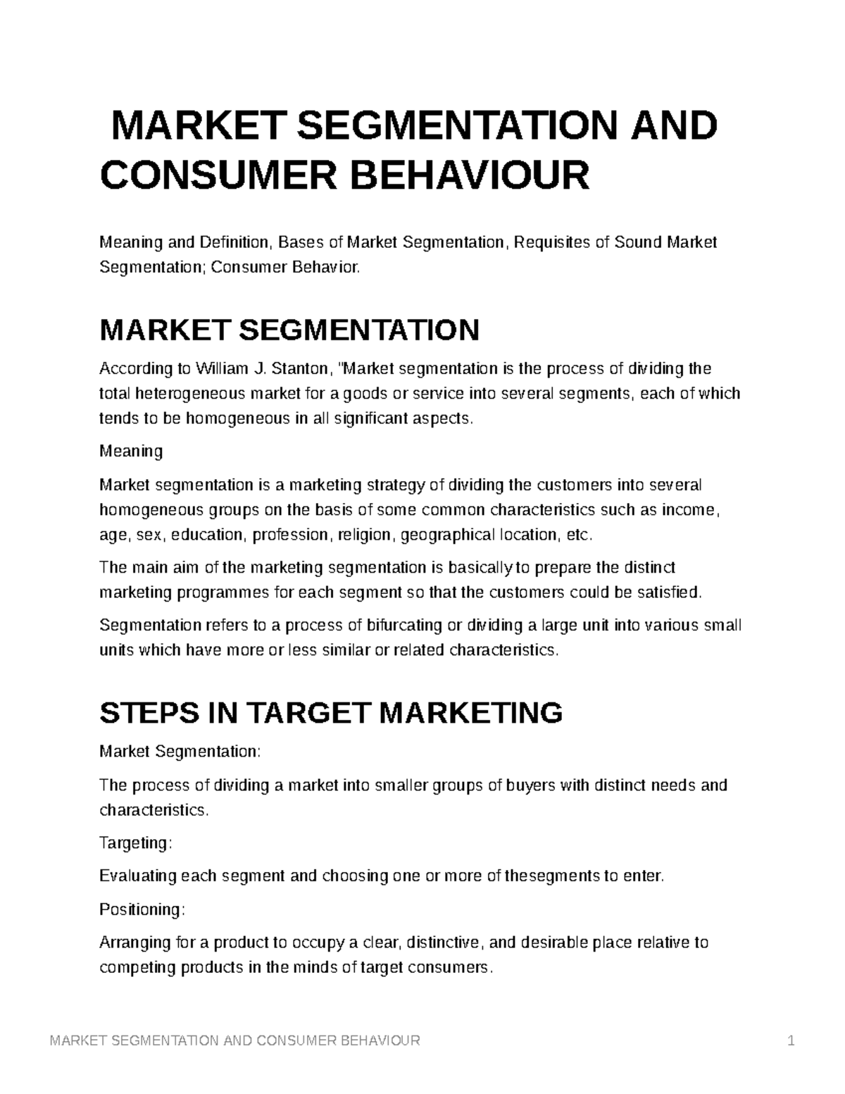 Market Segmentation AND Consumer Behaviour - MARKET SEGMENTATION AND ...