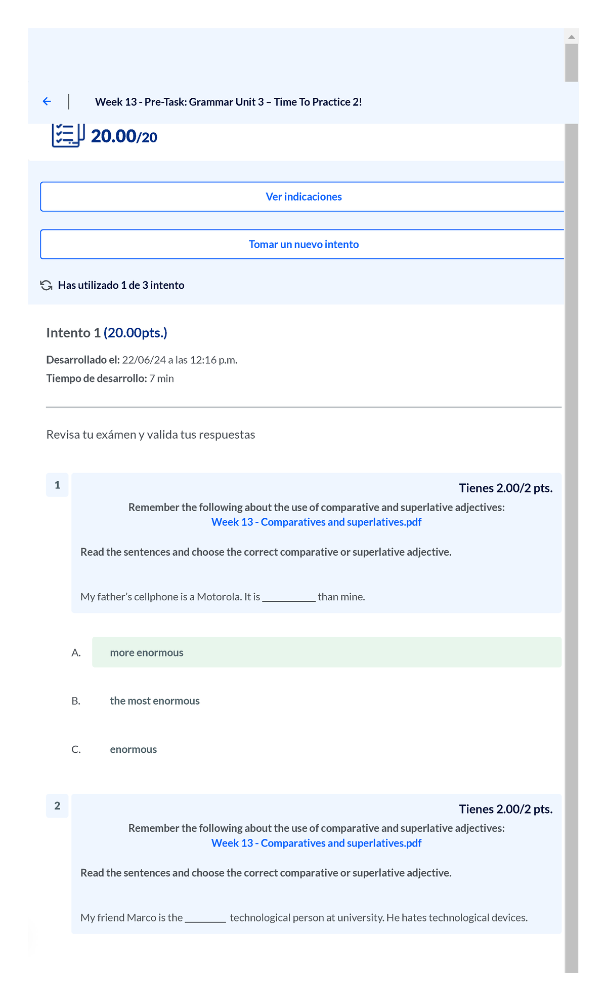 Week 13 - Pre-Task- Grammar Unit 3 – Time to practice 2 - Nota 20/ 20 ...