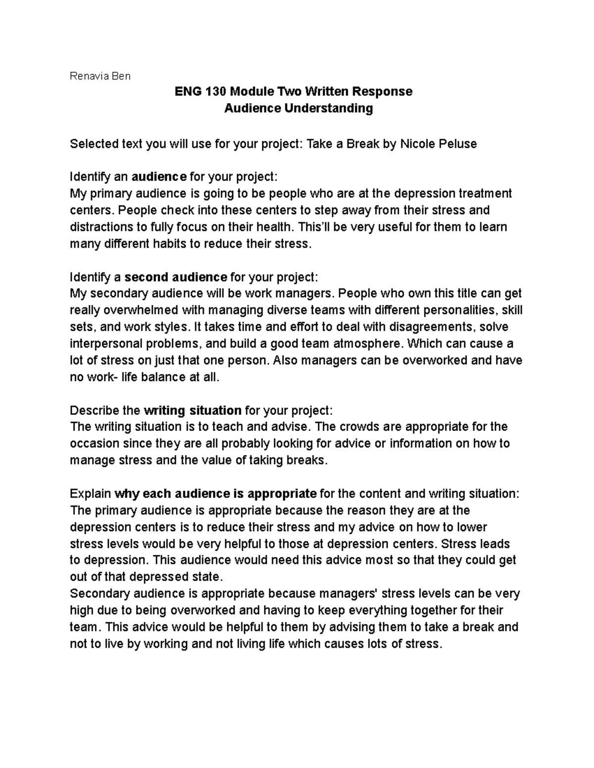 ENG 130 TWO Written - Renavia Ben ENG 130 Module Two Written Response ...