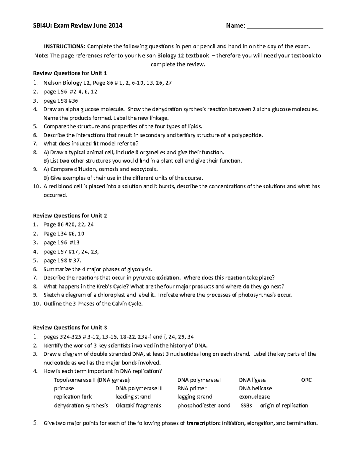 Exam Review Questions 2014 - SBI4U: Exam Review June 2014 Name ...
