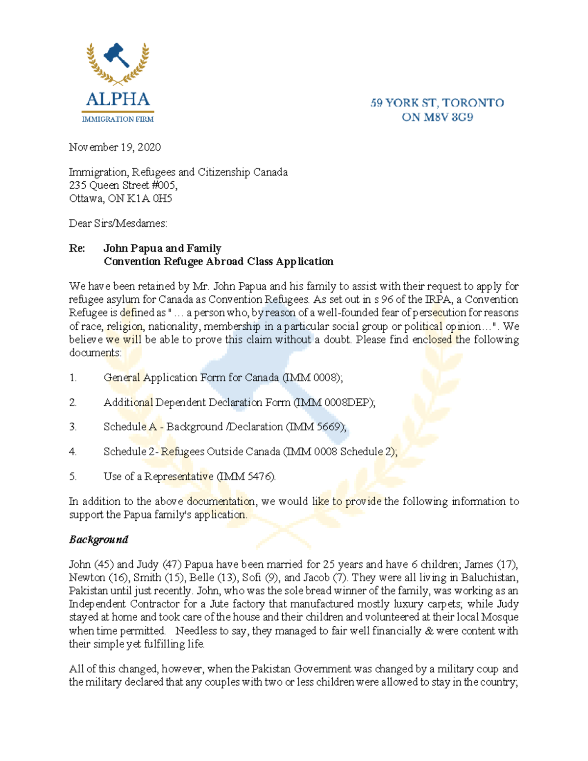 Submission Letter for John Papua - November 19, 2020 Immigration ...