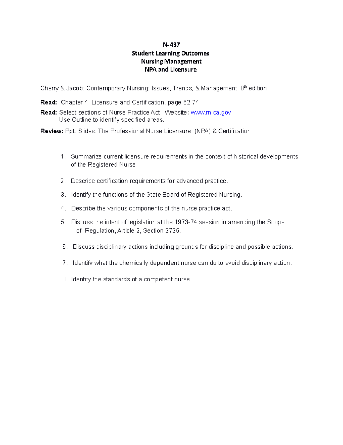 N 437 SLOs Chapt 4 NPA Fall 19-1 - Student Learning OutcomesN- Nursing ...