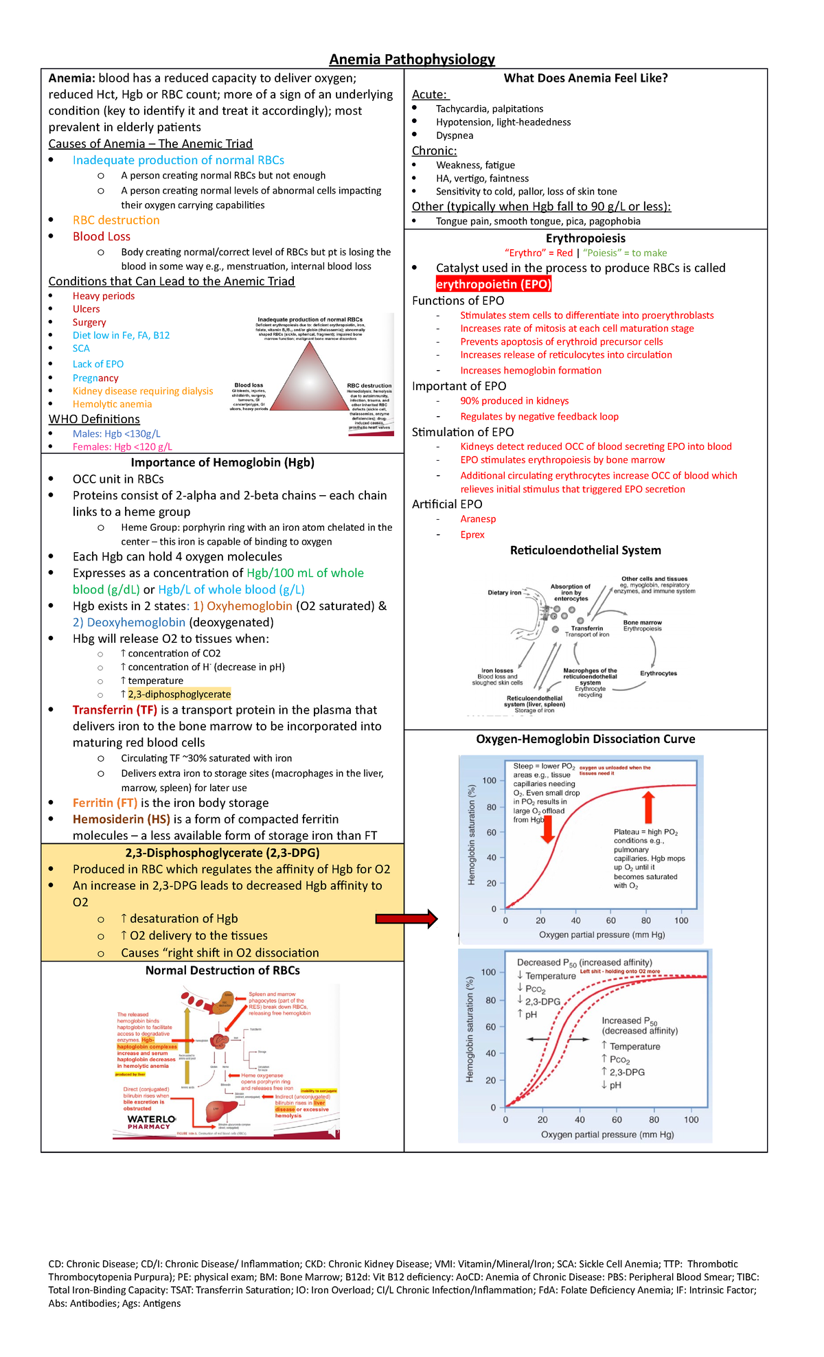 Anemia Pathophysiology Summary Sheet - Anemia Pathophysiology Anemia ...