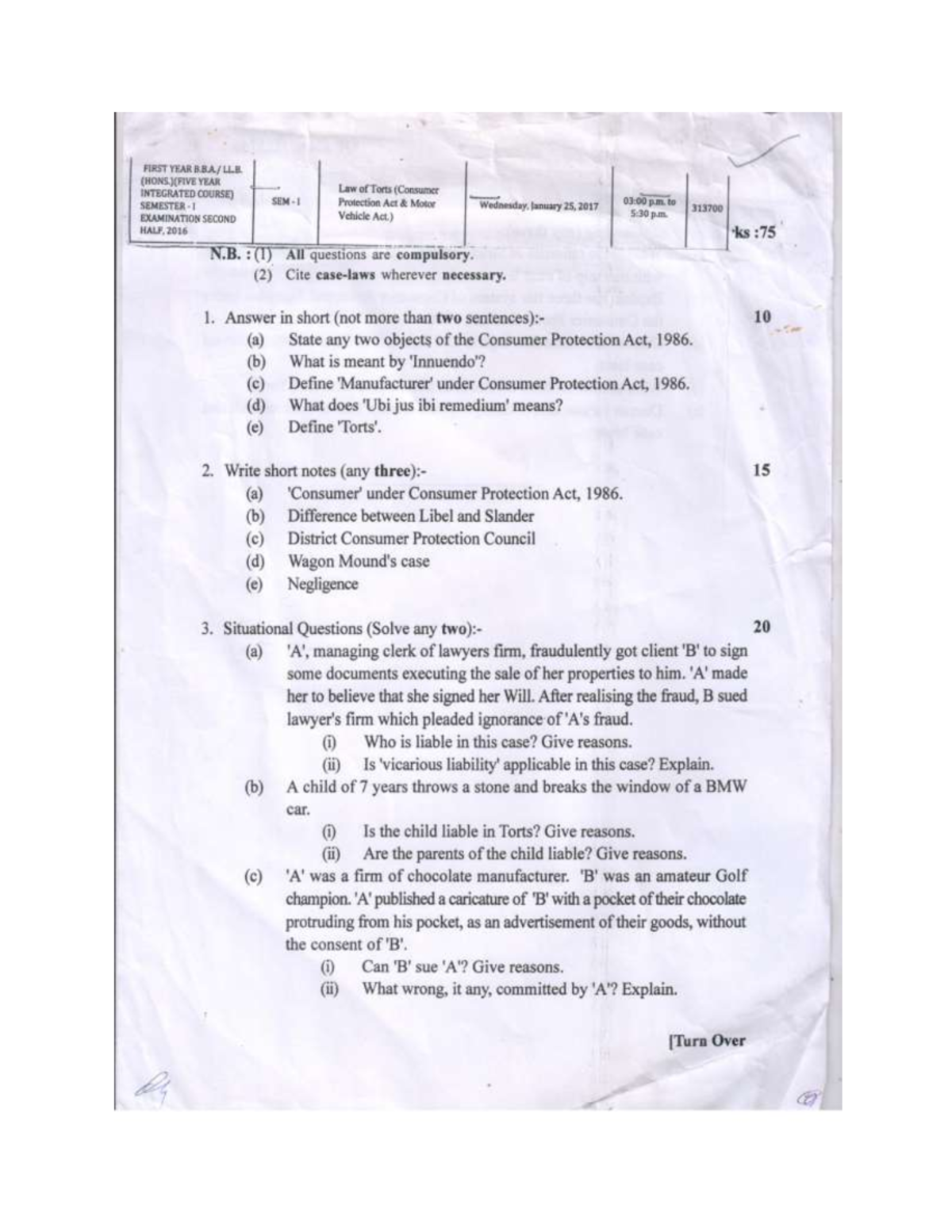 Torts question paper - BBA.LLB (Hons) - Studocu