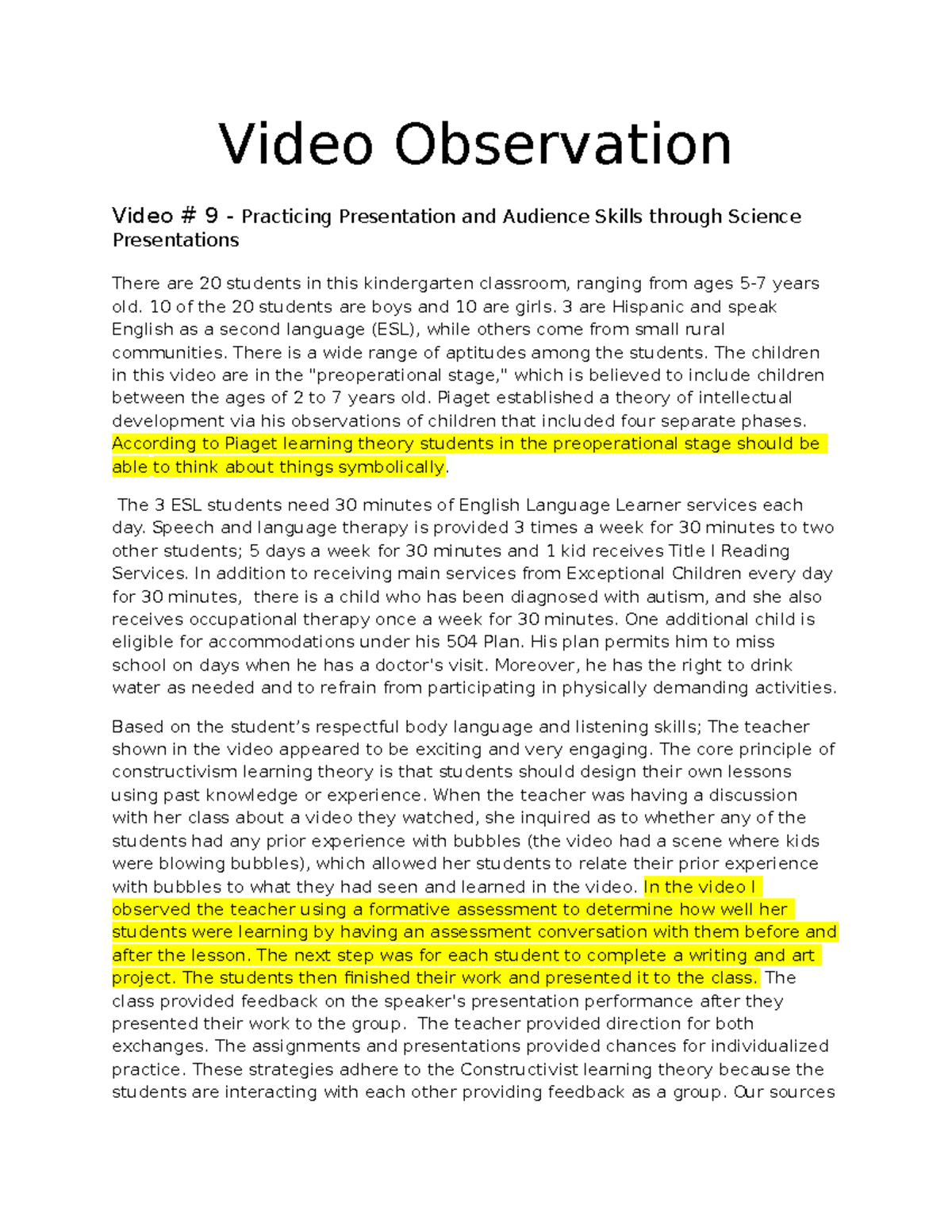 Video Observations - n/a - Video Observation Video # 9 - Practicing ...