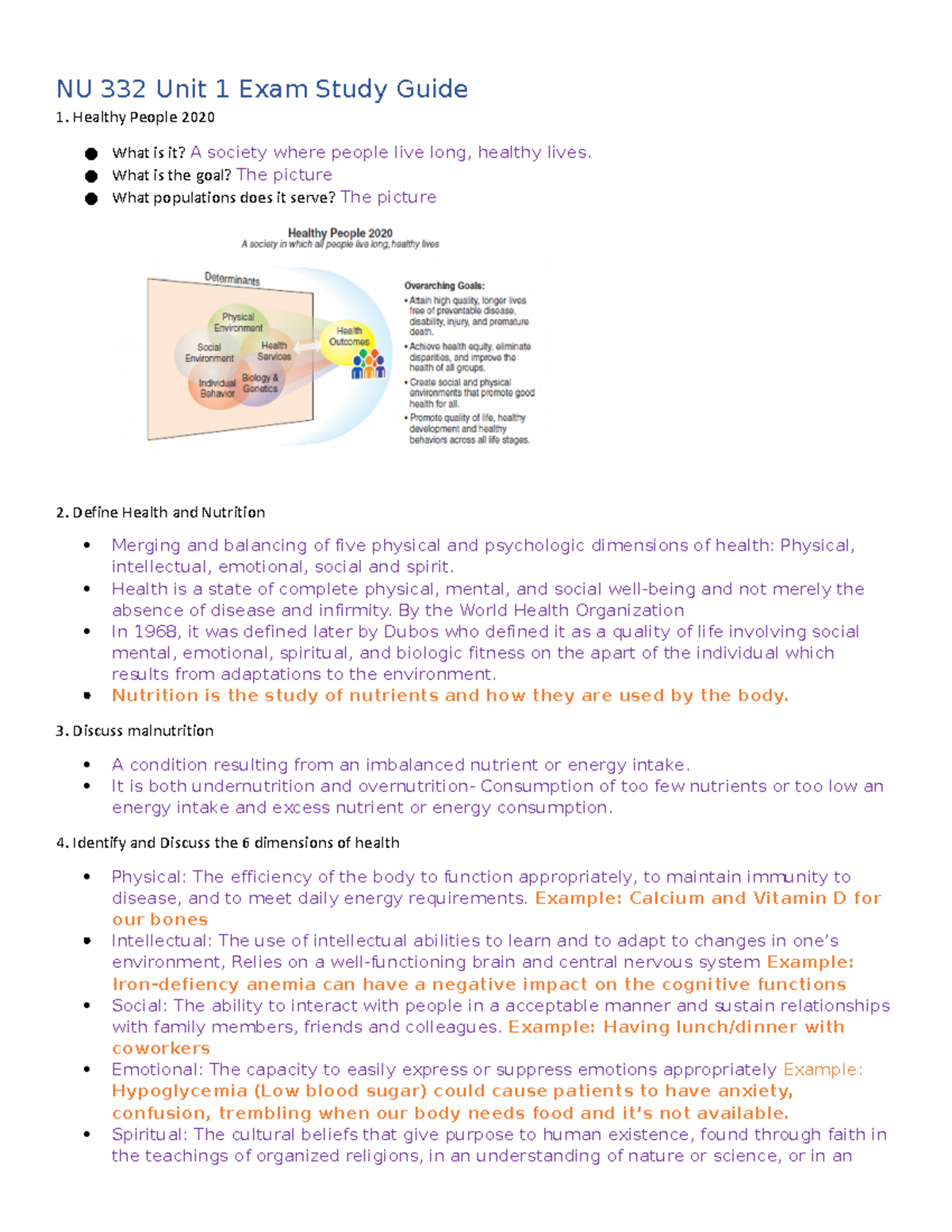 Nutrition 332 Unit 1 Exam Study Guide - NU 332 Unit 1 Exam Study Guide 1. Healthy People 2020 ...