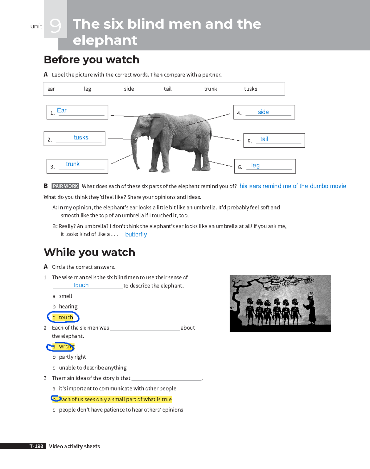 Four Corners Level 4 Unit 9 - unit T-193 Video activity sheets Before ...
