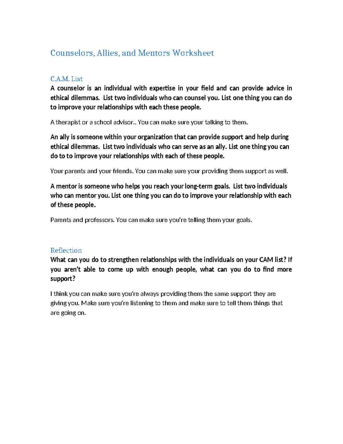 homework questions - Counselors, Allies, and Mentors Worksheet C.A ...