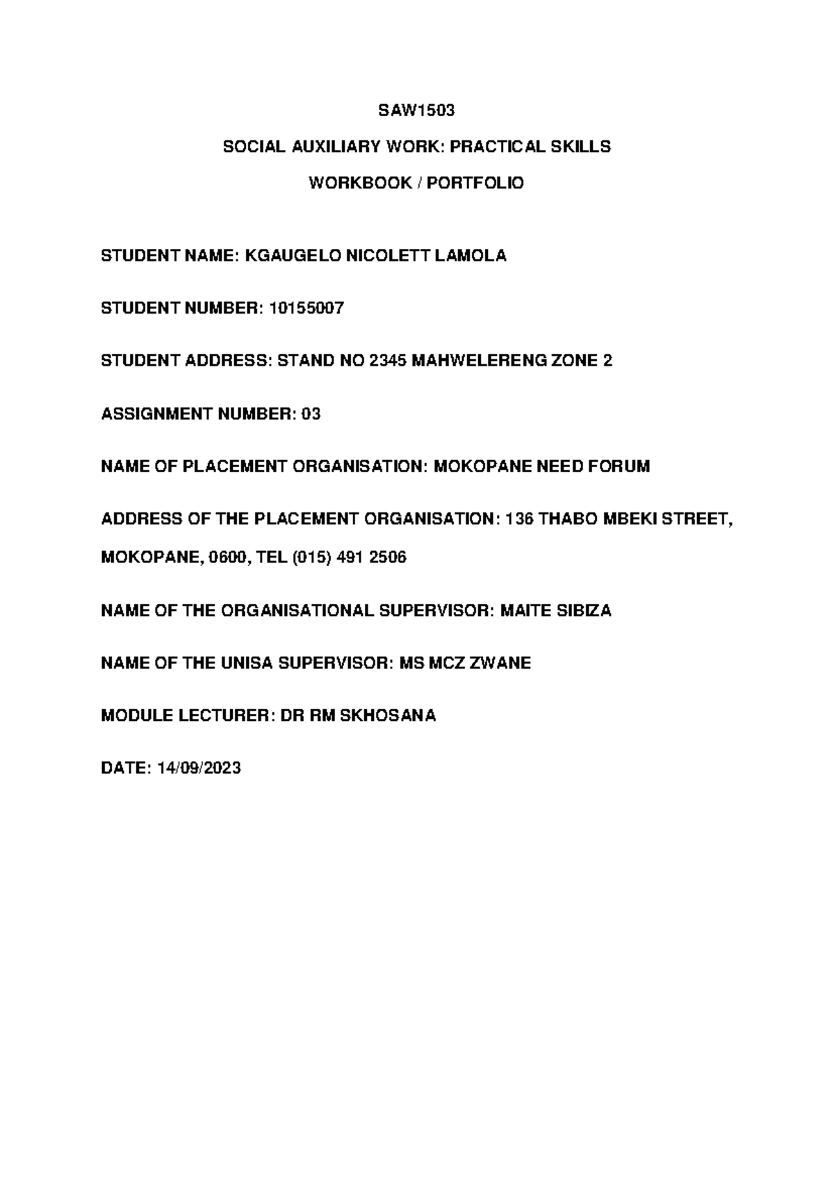 SAW1503 PORT 3 - SAW SOCIAL AUXILIARY WORK: PRACTICAL SKILLS WORKBOOK ...
