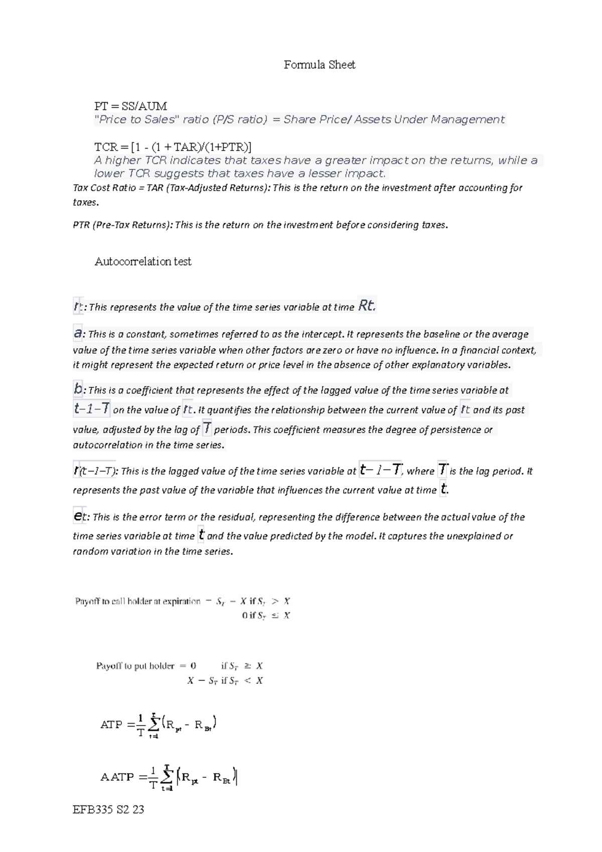 EFB335 Final Exam 23 Formula Sheet-1 (Annotated) - Formula Sheet PT ...