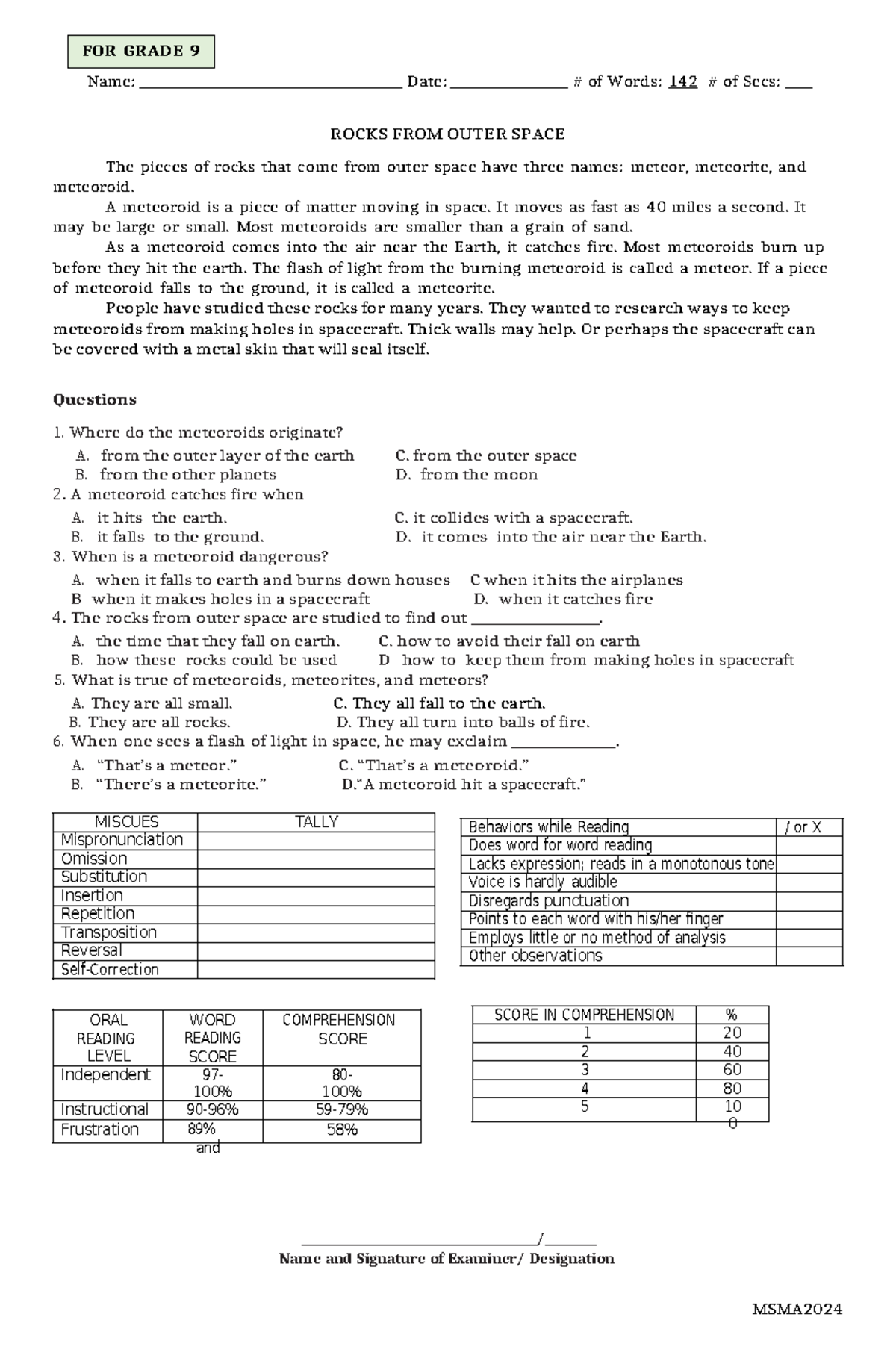 DRT Reading Selections for Grades 9 - SCORE IN COMPREHENSION % 1 20 2 ...