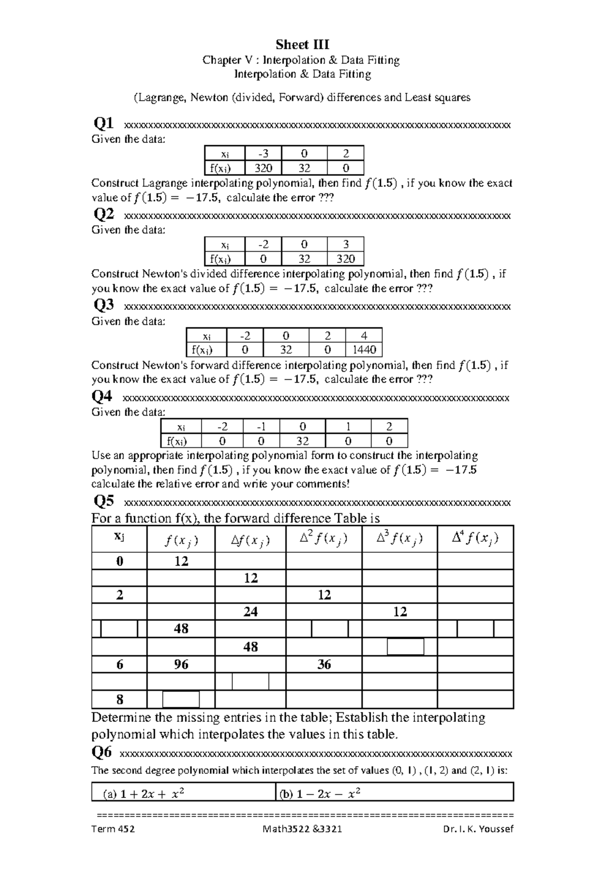 Sheet 3 - Chapter V : Interpolation & Data Fitting - Studocu