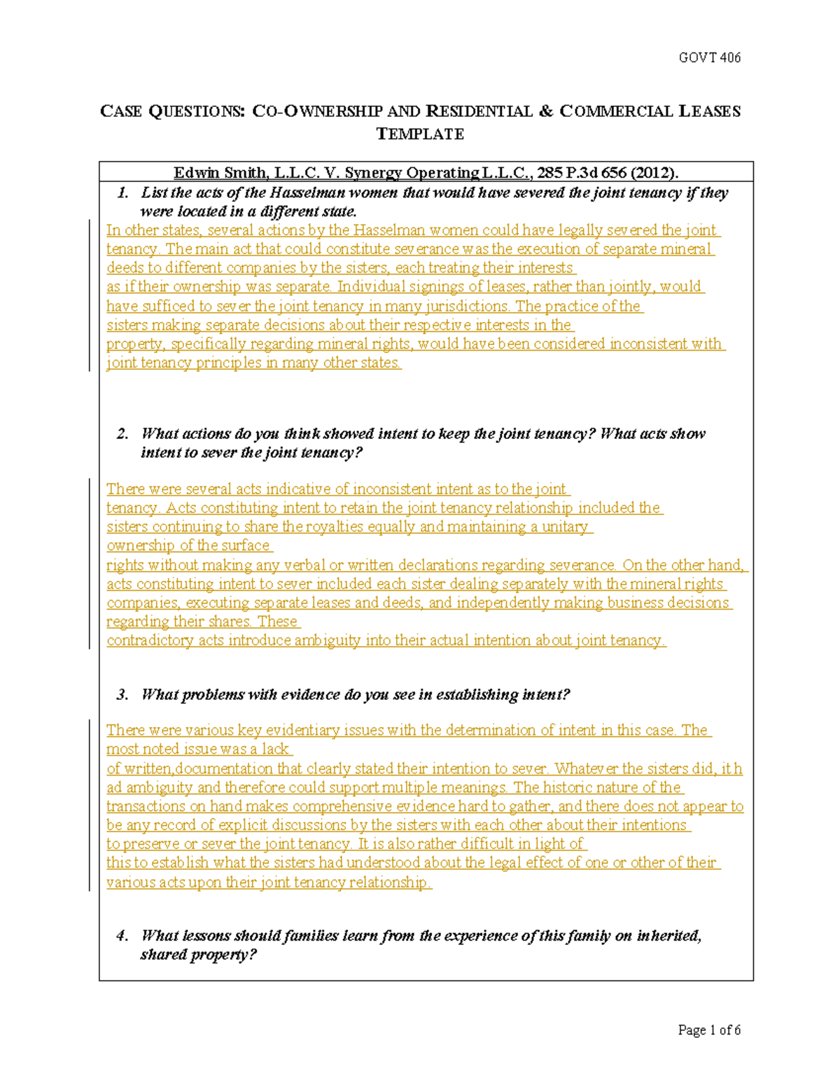 Case Questions Co-Ownership and Residential & Commercial Leases ...