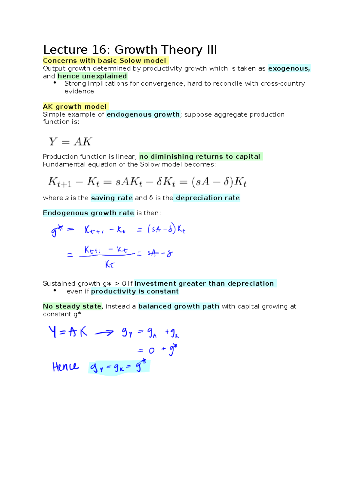 Lecture 16: Notes on Growth Theory - Lecture 16: Growth Theory III ...