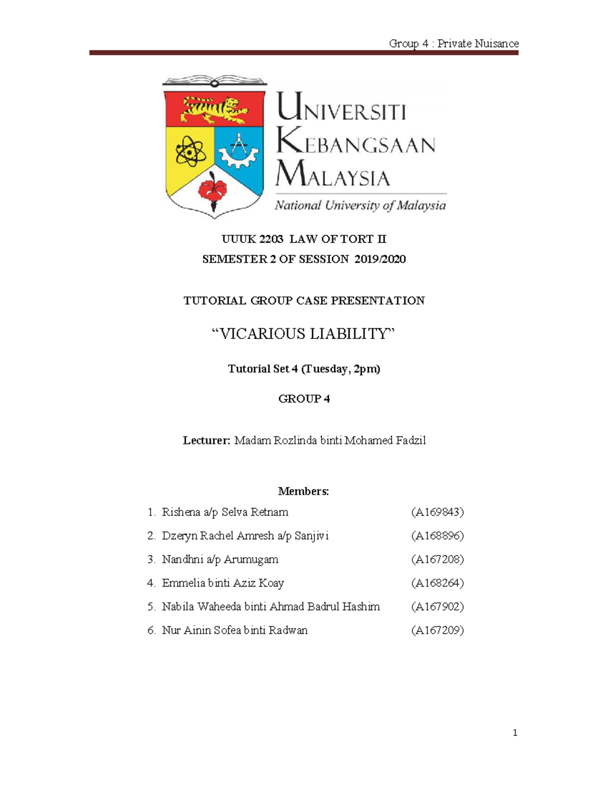 Vicarious Liability - Warning: TT: undefined function: 32 UUUK 2203 LAW OF TORT II SEMESTER 2 OF ...