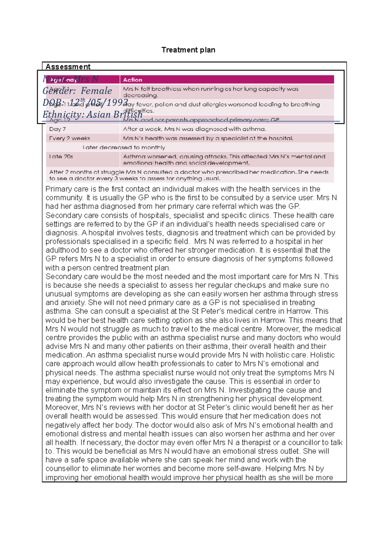 Treatement plan unit14 CASE Study - Treatment plan Assessment Primary ...