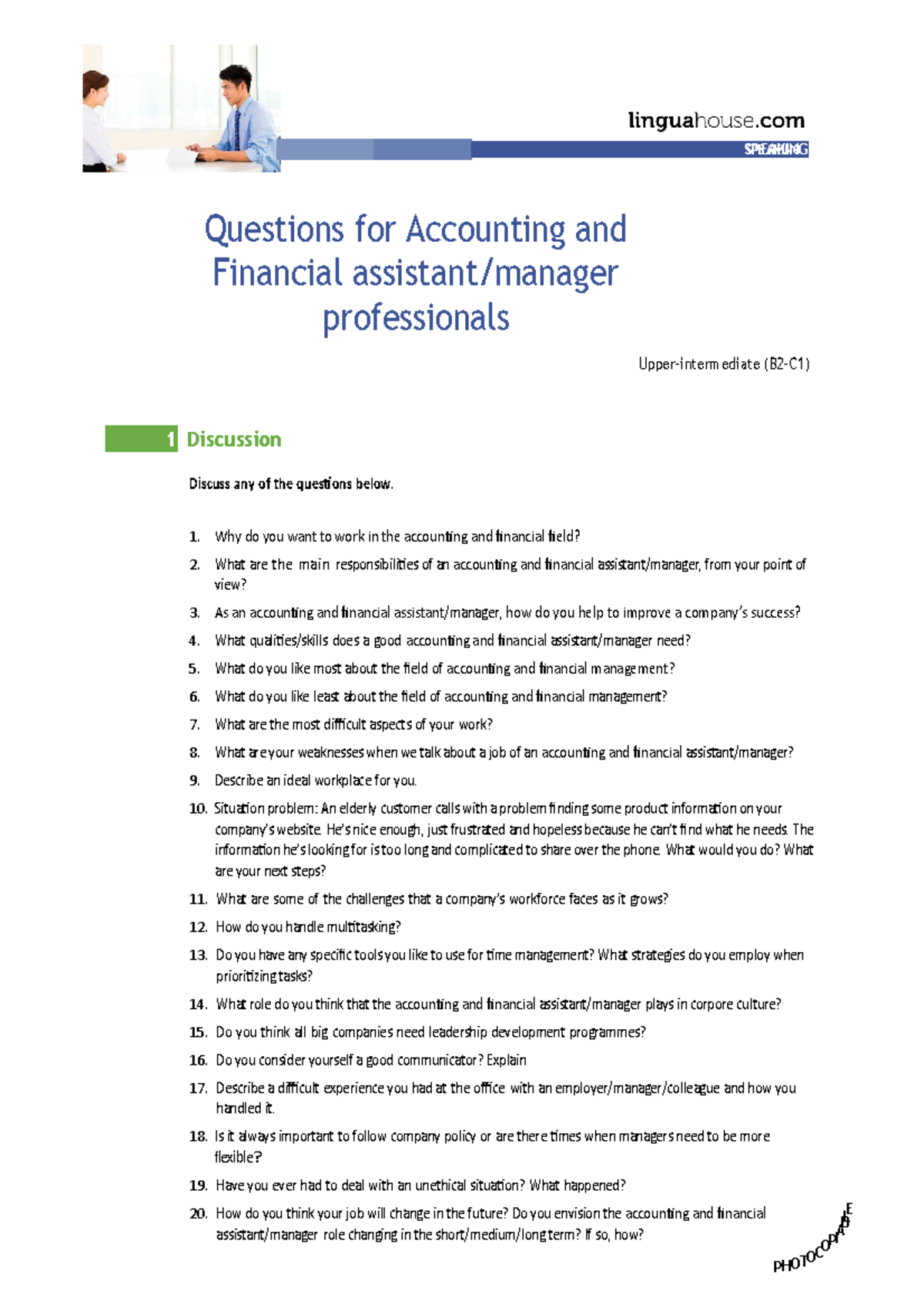 Accounting and financial assistant manager - SPEAKING Questions for ...