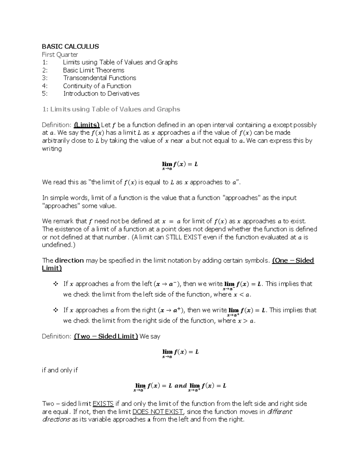 Bascal - BASIC CALCULUS First Quarter 1: Limits using Table of Values and Graphs 2: Basic Limit ...