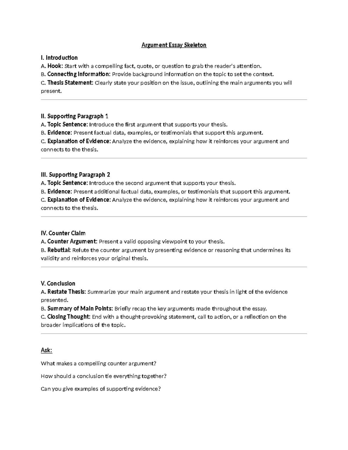 Argument Essay Skeleton - Introduction A. Hook: Start with a compelling ...