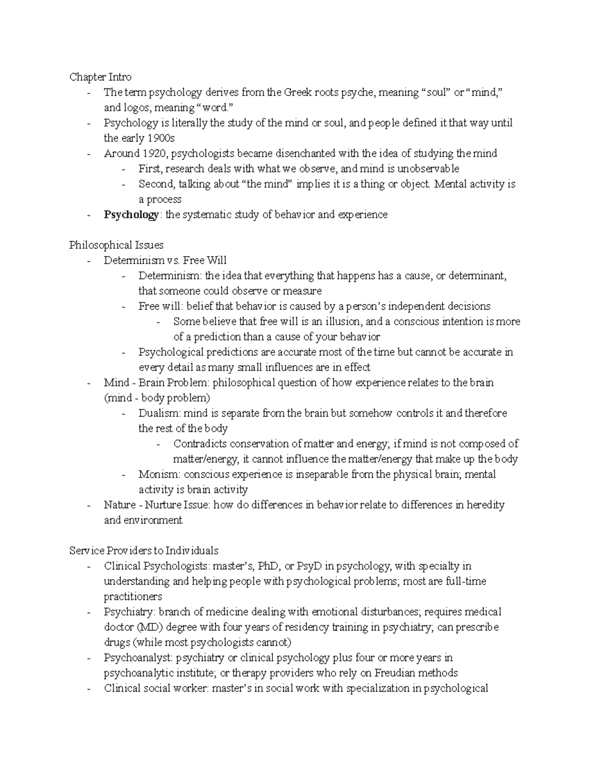 Psychology Chapter 1 Notes - Chapter Intro - The term psychology ...