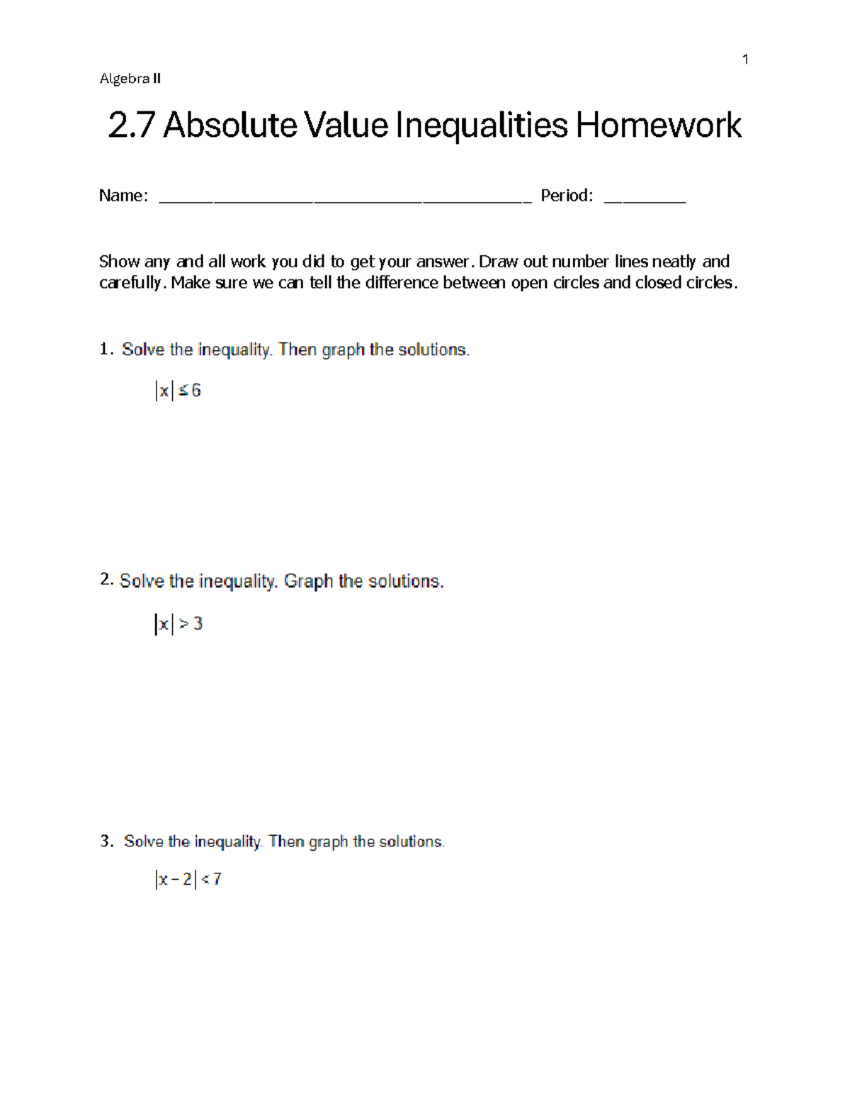 2.7 Homework - Just a math assignment - Algebra II 2 Absolute Value ...