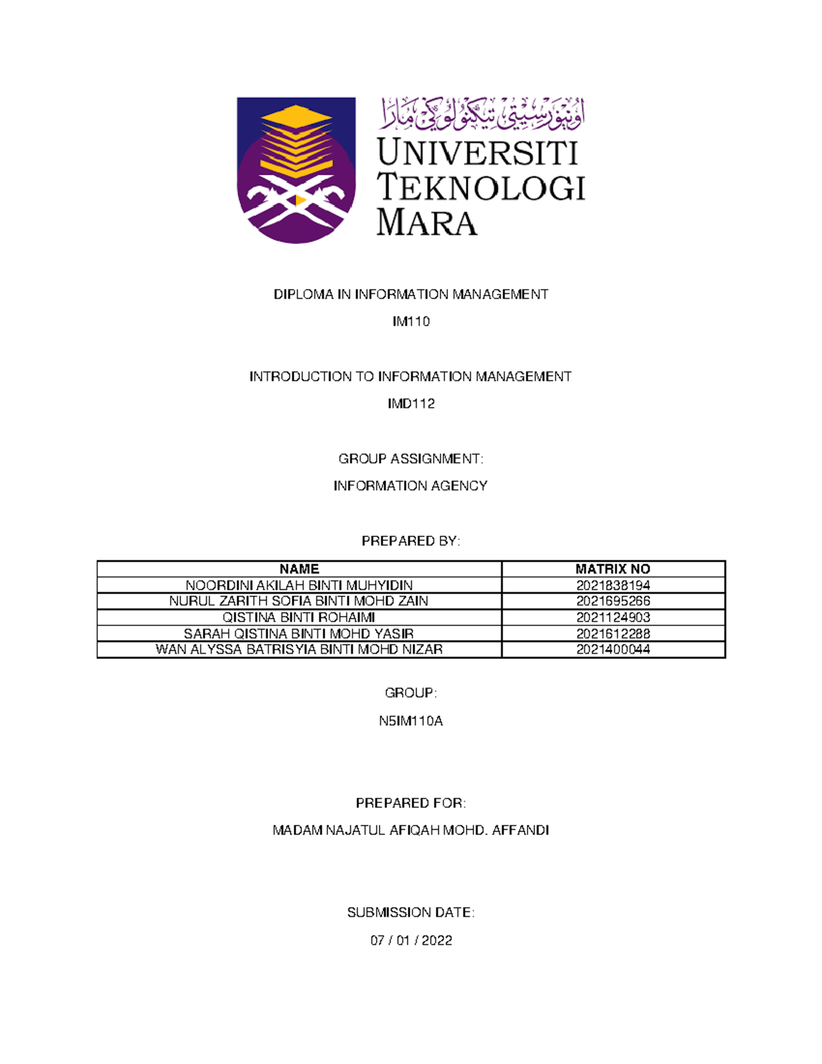 IMD112 (2nd) Assignment - DIPLOMA IN INFORMATION MANAGEMENT IM ...