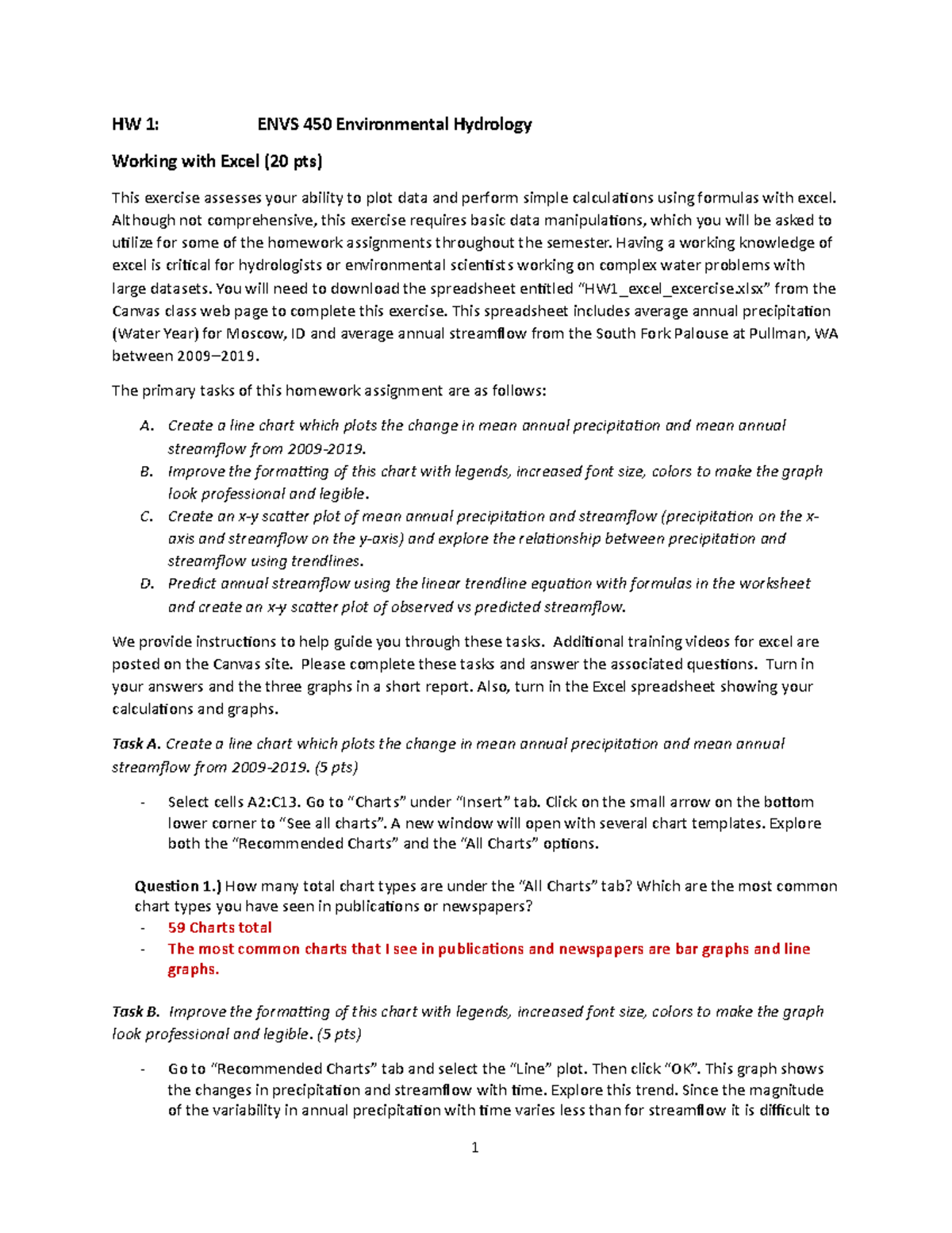 HW 1 ENVS 450 - hw 1 - HW 1: ENVS 450 Environmental Hydrology Working with Excel (20 pts) This ...