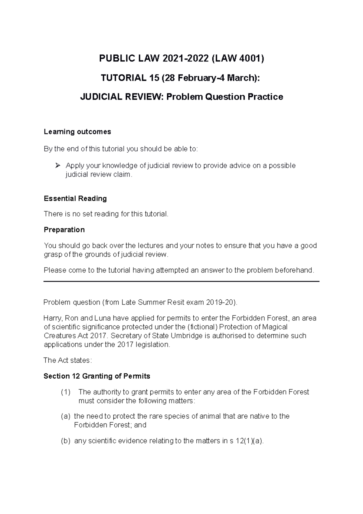 JR problem for tutorial 15 2022 - PUBLIC LAW 2021-2022 (LAW 4001) TUTORIAL 15 (28 February-4 ...