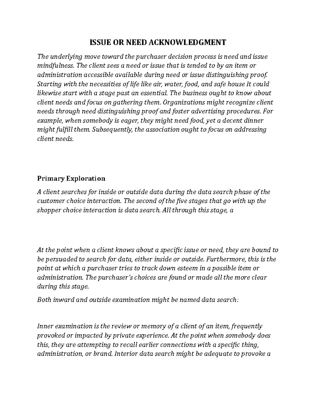 Issue OR NEED Acknowledgment - ISSUE OR NEED ACKNOWLEDGMENT The ...