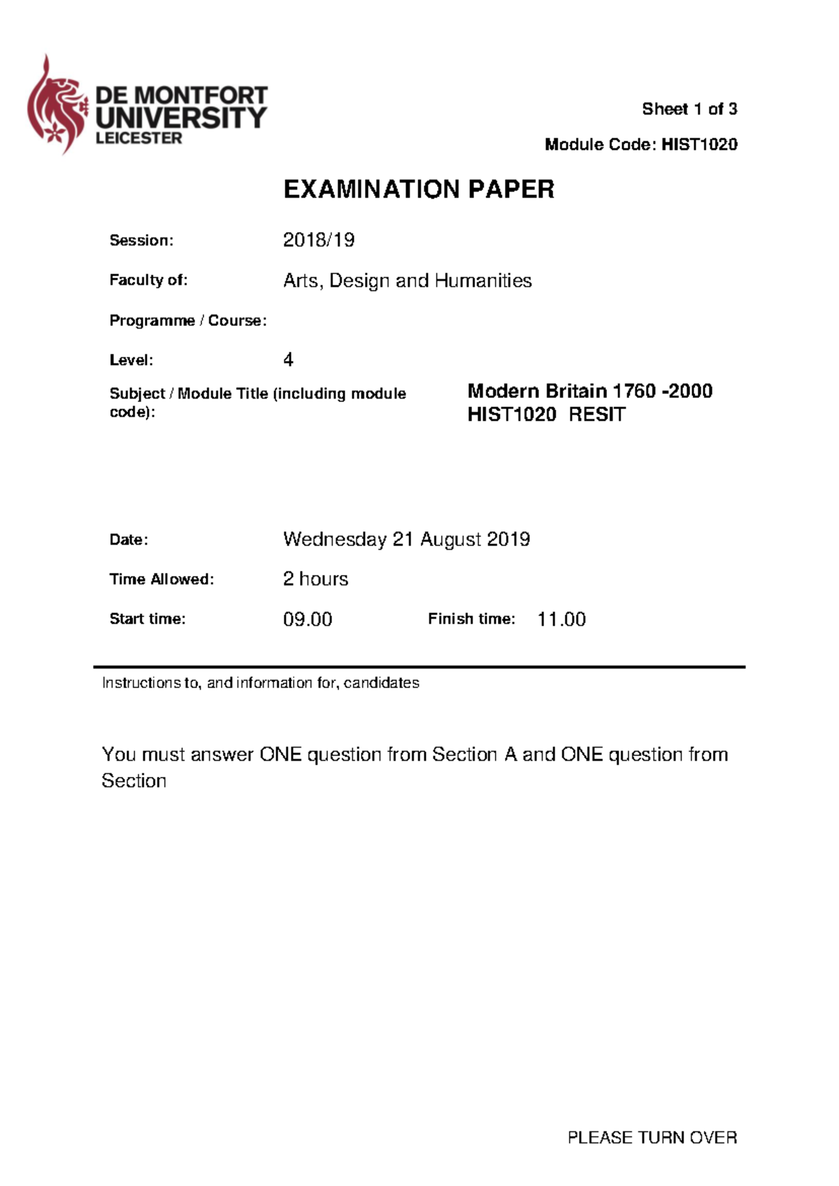 HIST1020 2019 Resit Exam - Sheet 1 of 3 Module Code: HIST PLEASE TURN ...
