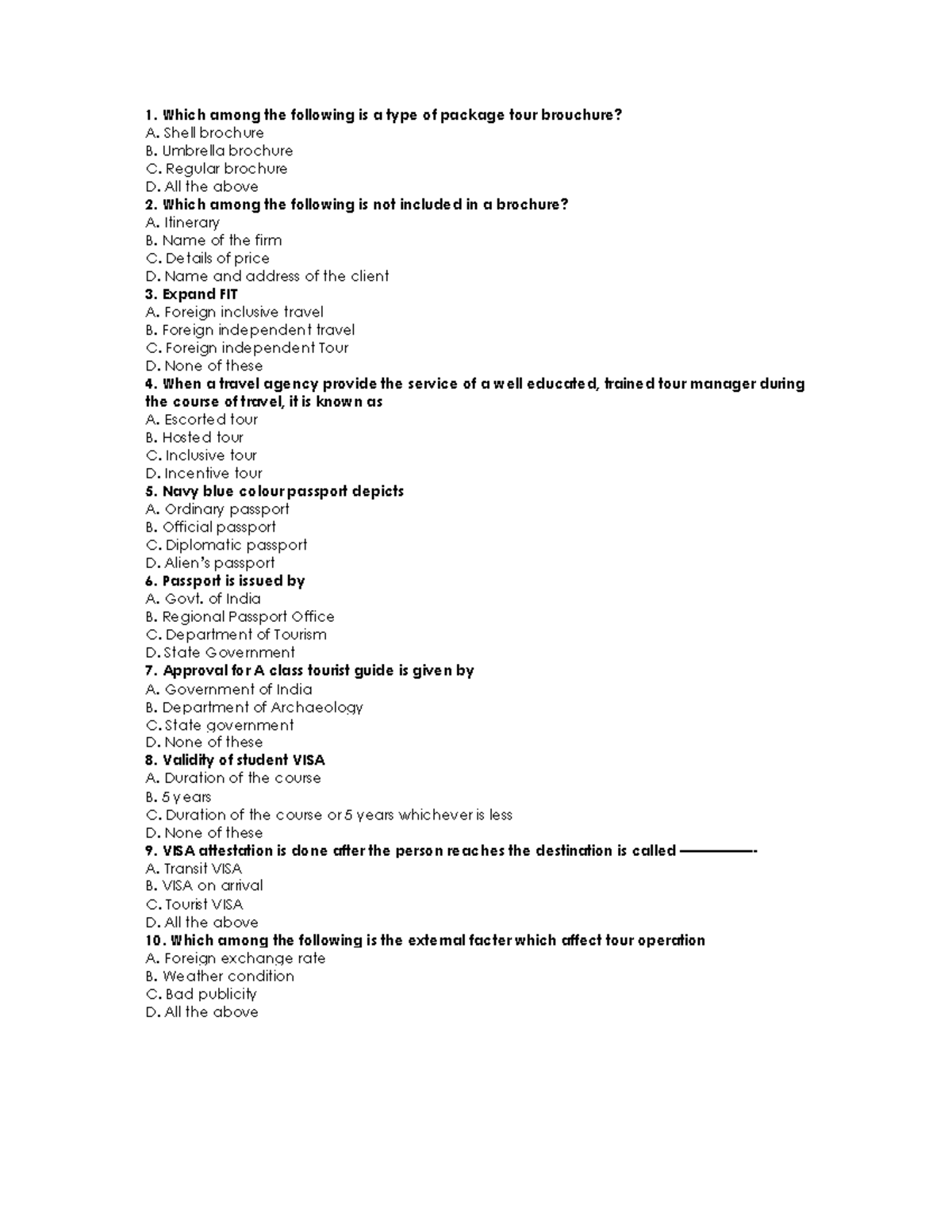 QP 1 - TRAVEL AND TOURISM QUESTION PAPER - Which among the following is ...