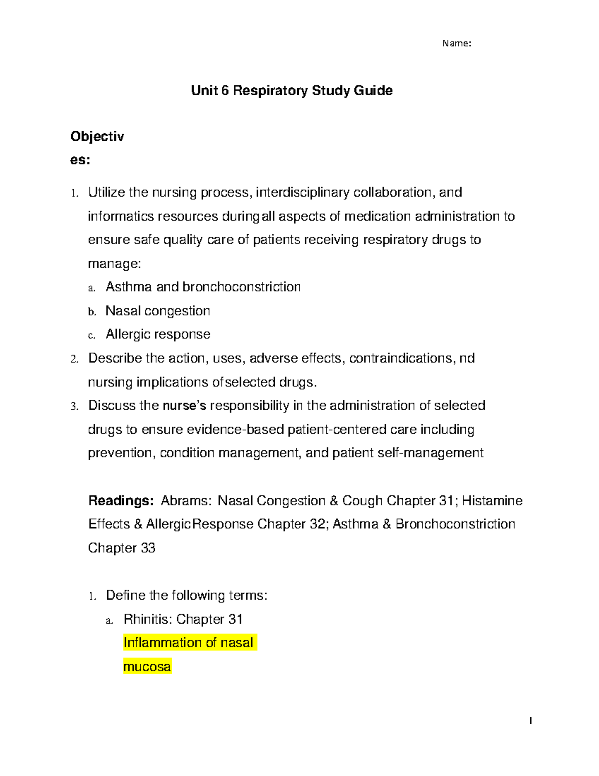 Unit 6 Respiratory Study Guide FA18 - Objectiv es: Unit 6 Respiratory ...