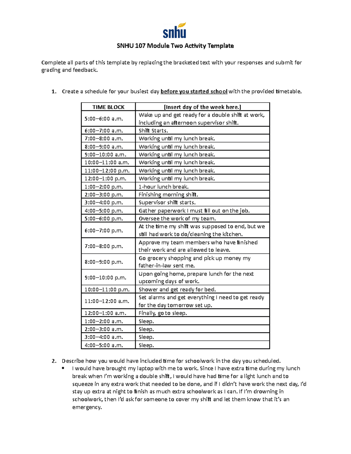SNHU 107 Module Two Activity - Scheduling - SNHU 107 Module Two ...
