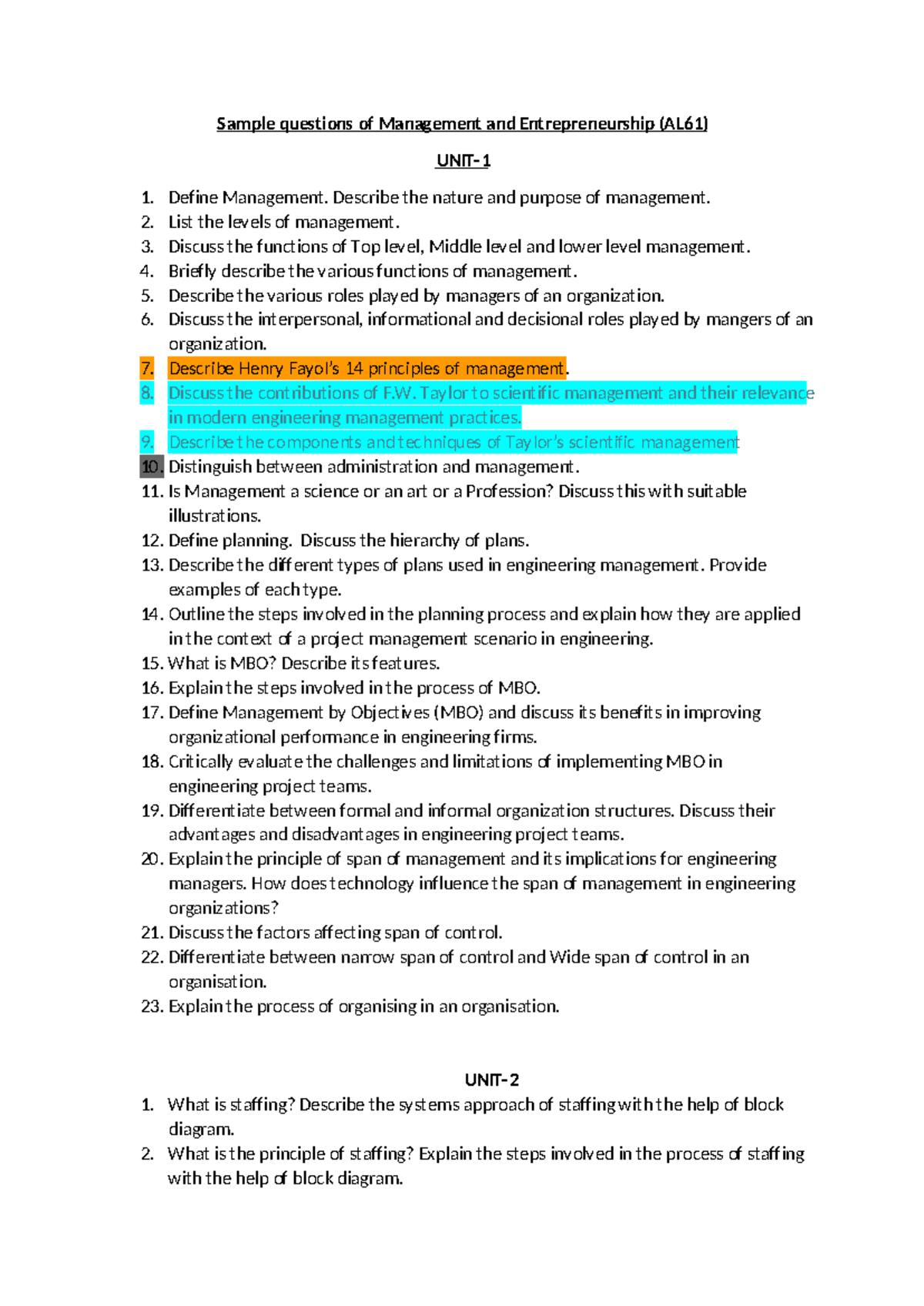 AL61 Sample questions - Entrepreneurship - Sample questions of ...