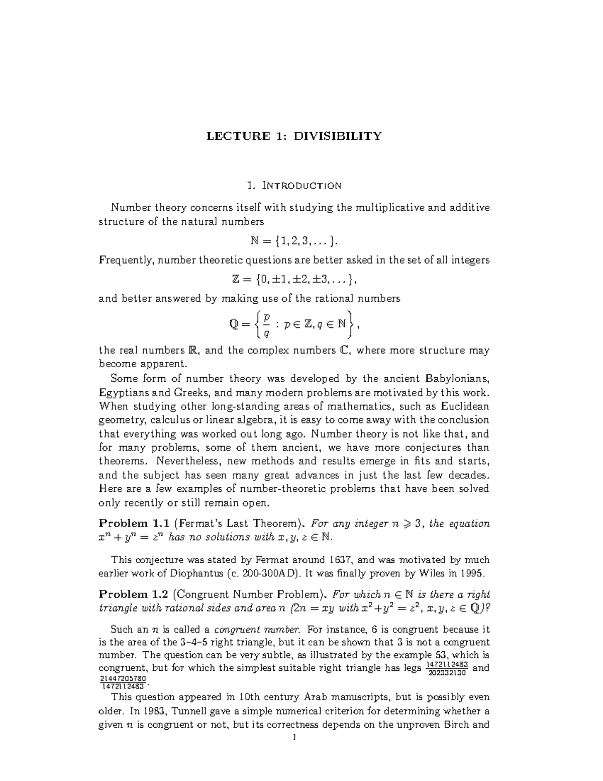 Math30200 2016 2017 Lecture 1 Divisibility Lecture 1 Divisibility 1 Introduction Number 