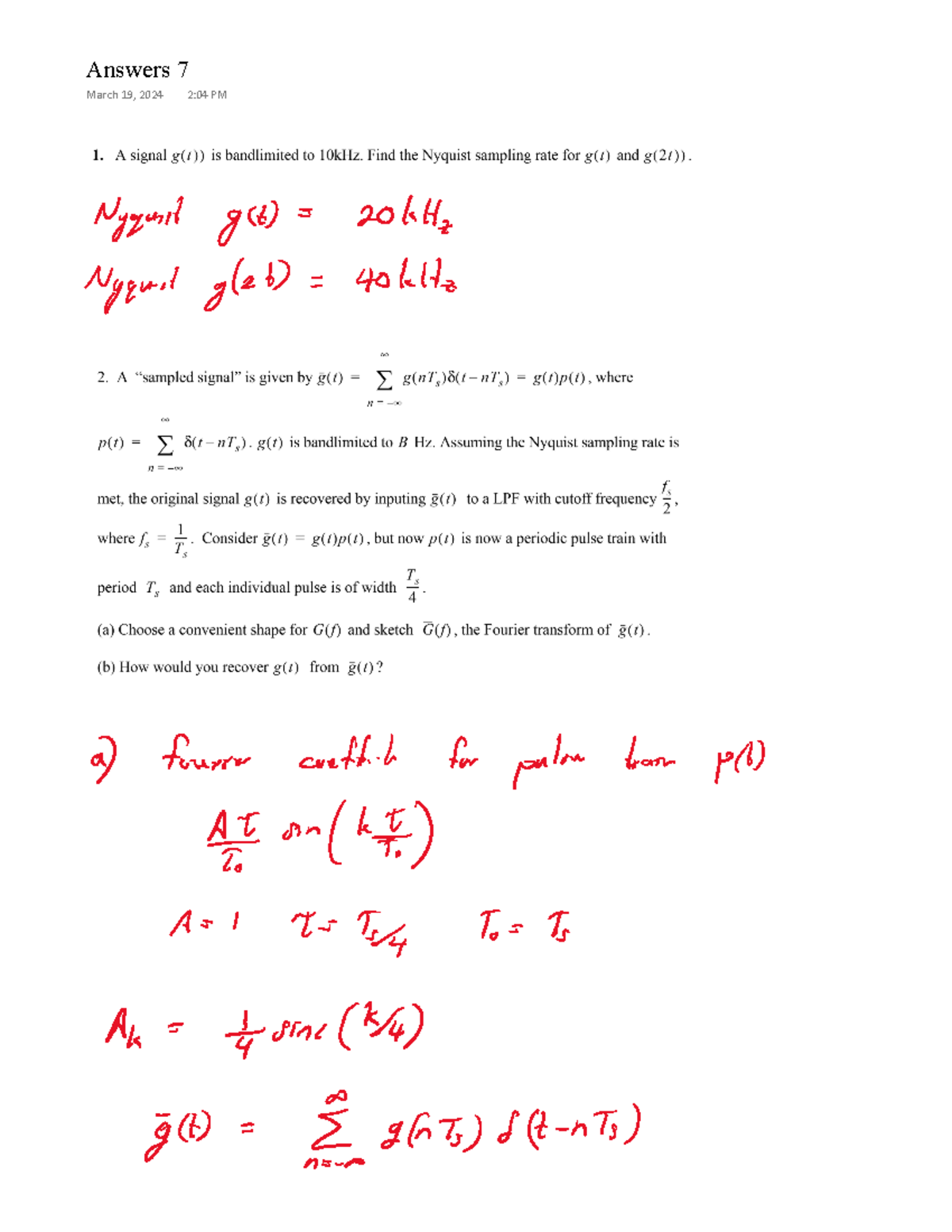 7th Problem set communication systems - Answers 7 March 19, 2024 2:04 PM 1. A signal g(t)) is ...