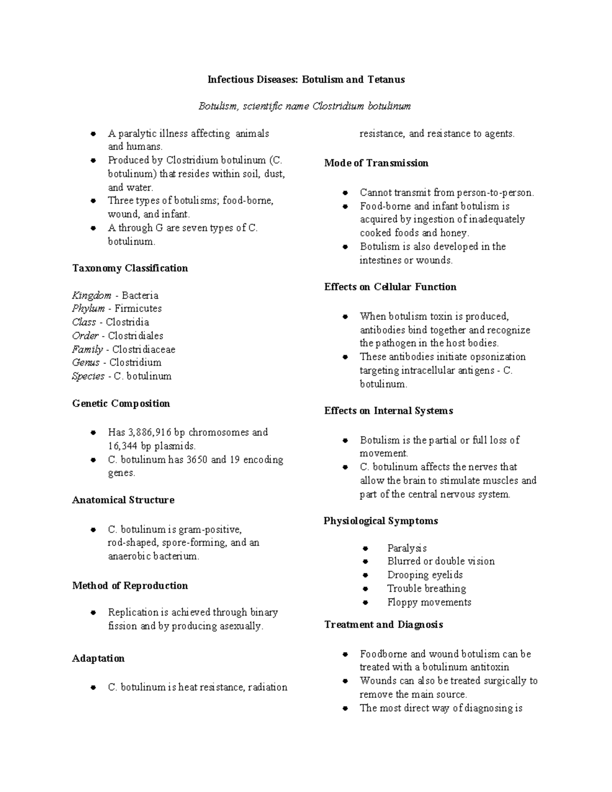 Infectious Disease Handout; Botulism & Tetanus - Infectious Diseases ...