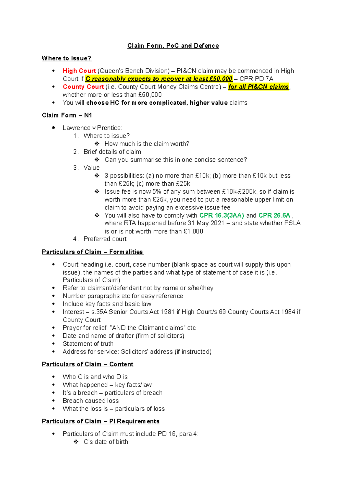 Claim Form, Po C and Defence lecture 4 - Claim Form, PoC and Defence ...