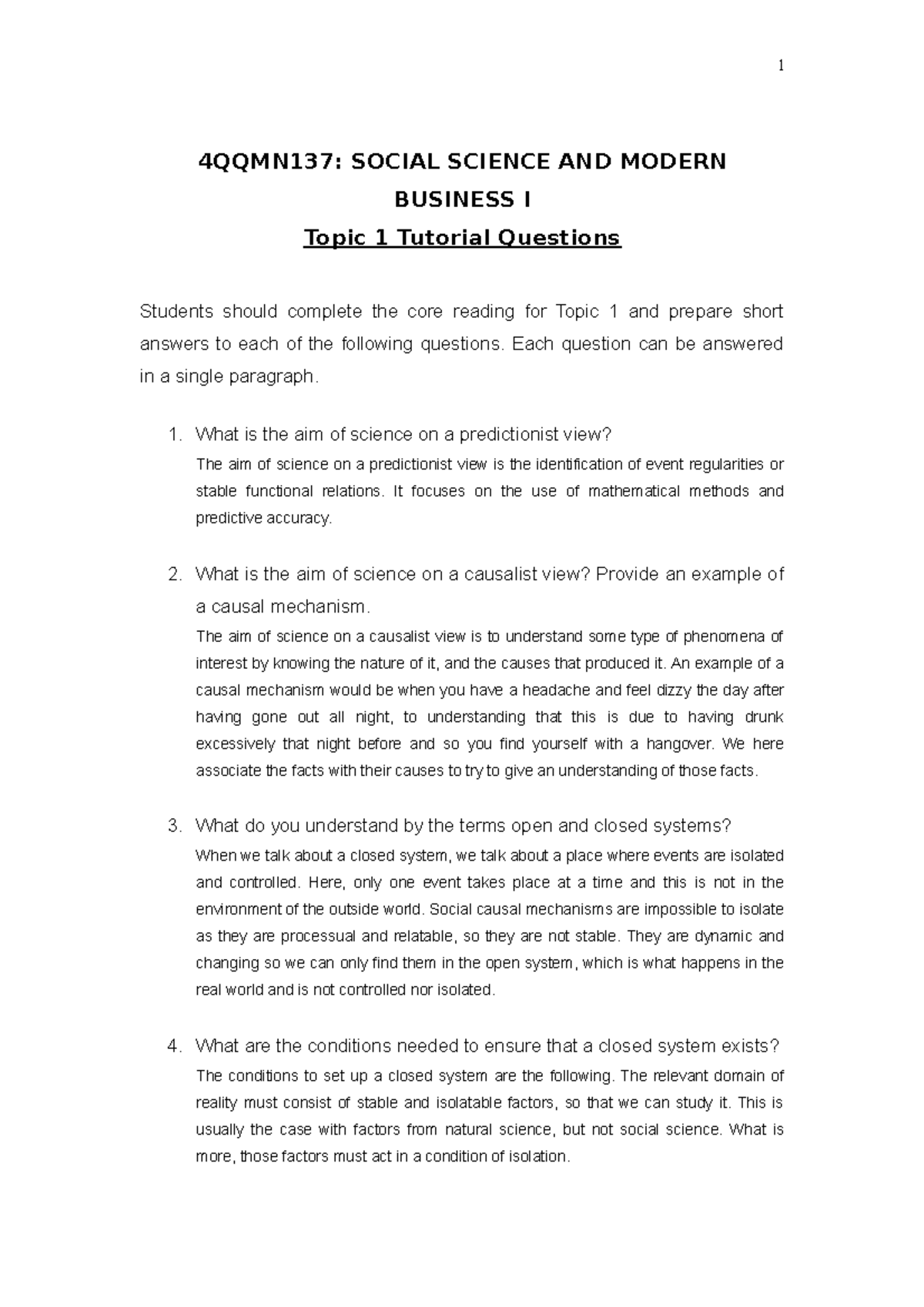 4QQMN137 Topic 1 Tutorial Questions - 4QQMN137: SOCIAL SCIENCE AND ...